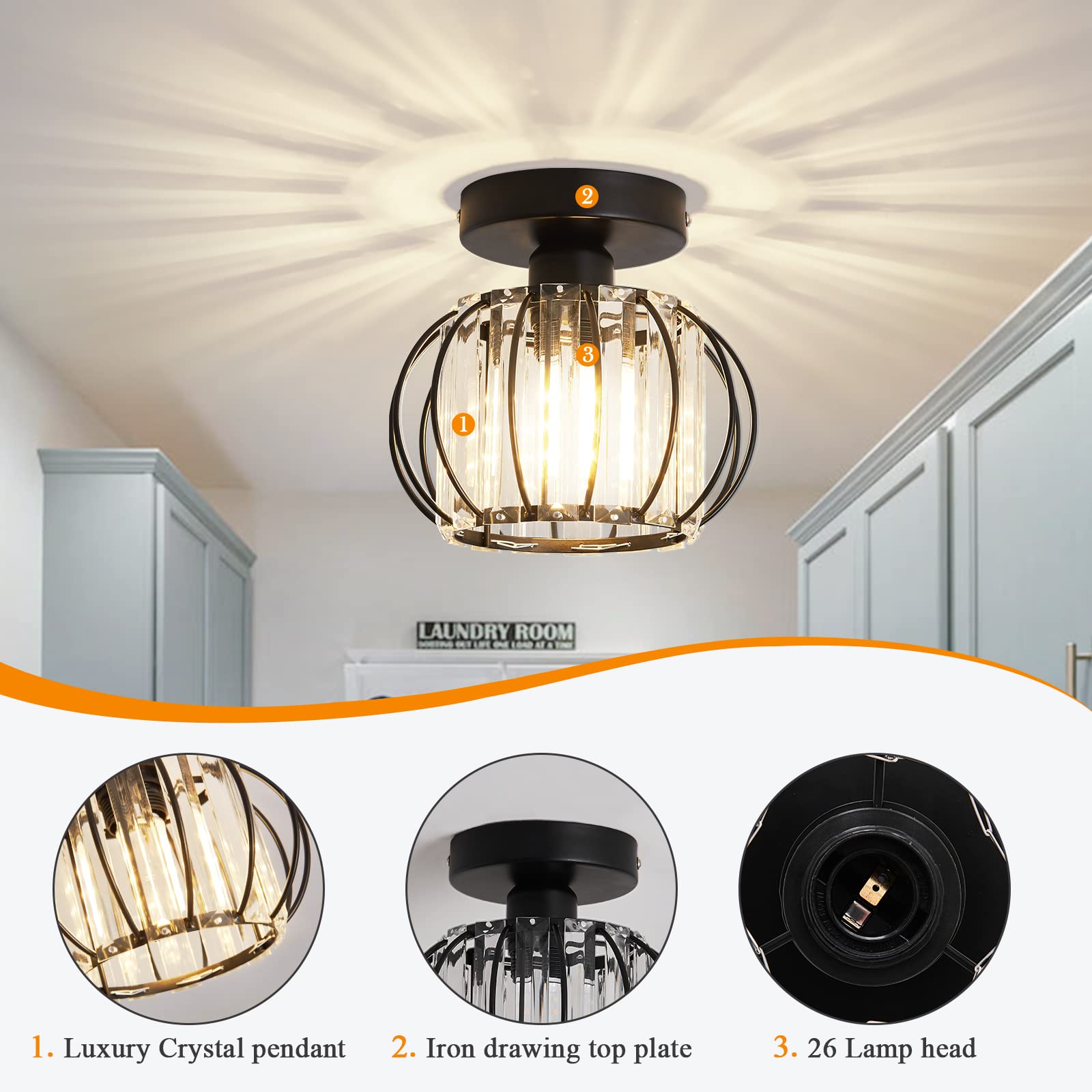 YYJLX 2 Pack Semi Flush Mount Ceiling Light Fixture Modern Small Crystal Chandelier Mini Indoor Ceiling Lamp for Bathroom Hallway Foyer Porch Hall Closet(Black)