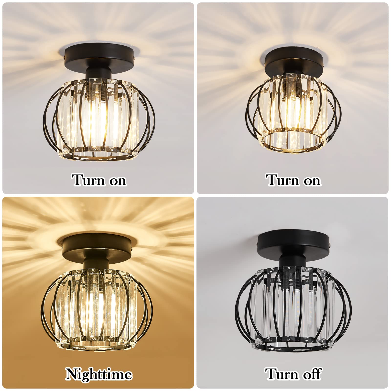 YYJLX 2 Pack Semi Flush Mount Ceiling Light Fixture Modern Small Crystal Chandelier Mini Indoor Ceiling Lamp for Bathroom Hallway Foyer Porch Hall Closet(Black)