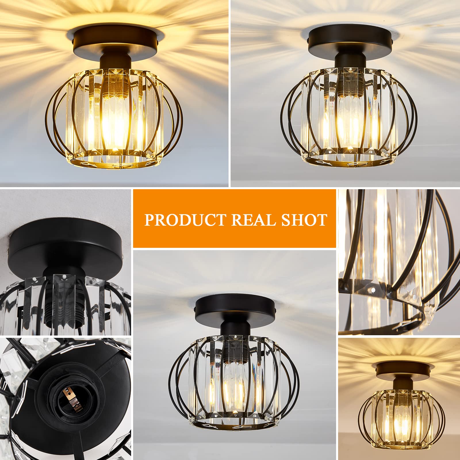 YYJLX 2 Pack Semi Flush Mount Ceiling Light Fixture Modern Small Crystal Chandelier Mini Indoor Ceiling Lamp for Bathroom Hallway Foyer Porch Hall Closet(Black)