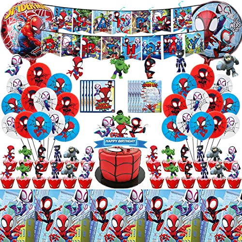 Spider and His Amazing Friends Birthday Party Supplies, Spidey Theme Party Decor With 20 Plates 20 Paper Towels 1 Tablecloth 1 Set of Banners 1 large happy birthday cake insert, and 24 small cake inserts,for Kids Gift Birthday