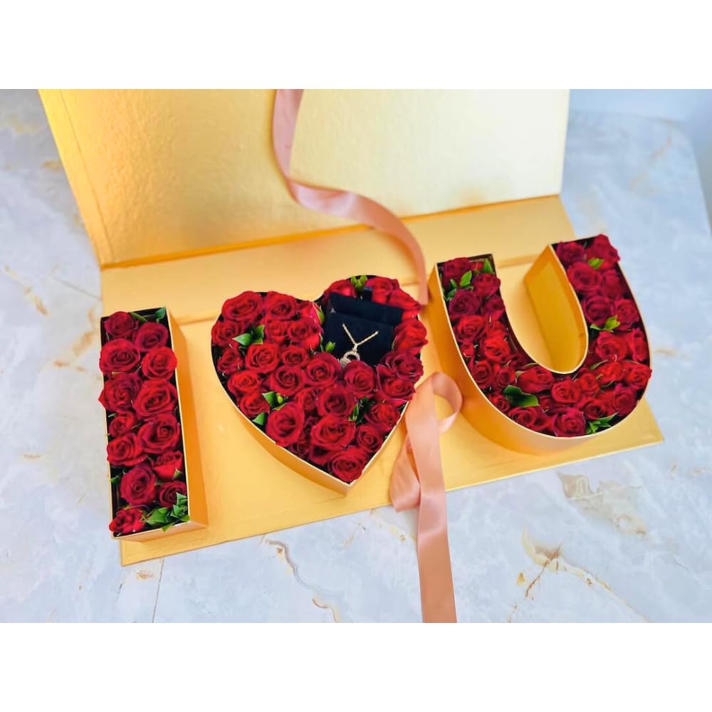 UNIKPACKAGING “I Love You” Flower Gift Letter Shaped Fillable Box, with Plastic Liners, Size 18″ x 7.7″ x 2.7″ inch, for Luxury Style Flower Arrangements (Gold)