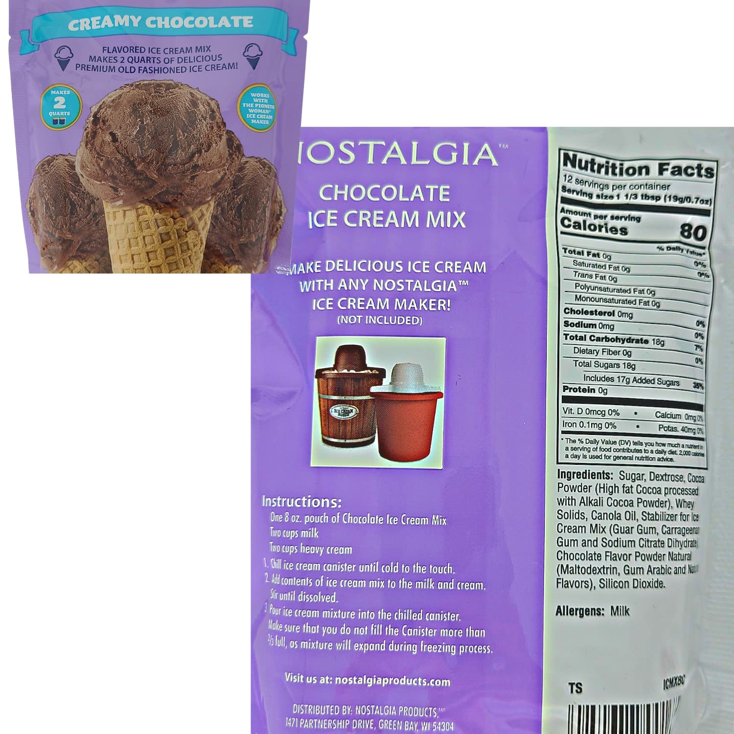 Ice Cream Maker Starter Pack Bundled with Nostalgia Ice Cream Maker Rock Salt (8lb), Vanilla Creme, Chocolate, Strawberry Flavored Ice Cream Mix Packets and Brightest Place Clean Up Cloth