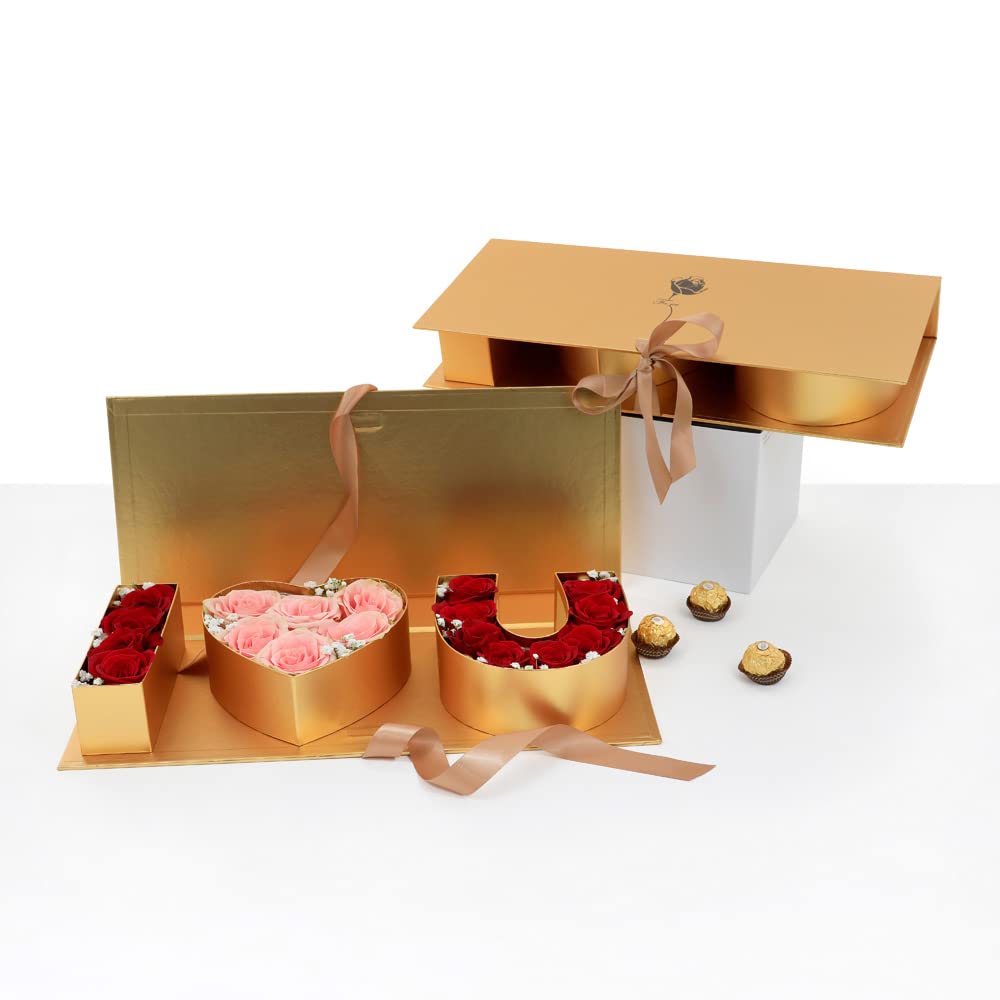 UNIKPACKAGING “I Love You” Flower Gift Letter Shaped Fillable Box, with Plastic Liners, Size 18″ x 7.7″ x 2.7″ inch, for Luxury Style Flower Arrangements (Gold)