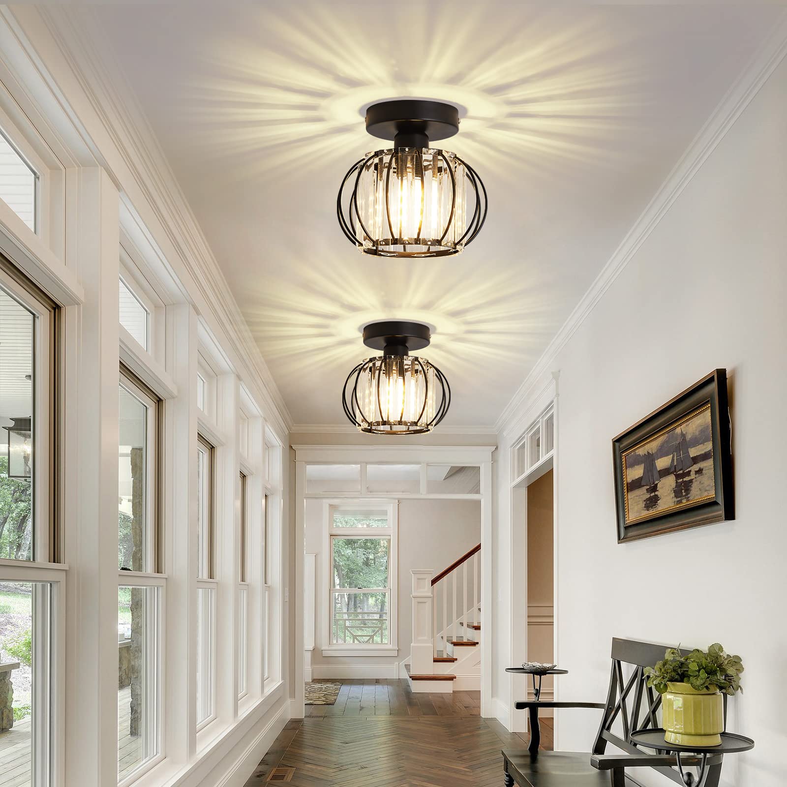 YYJLX 2 Pack Semi Flush Mount Ceiling Light Fixture Modern Small Crystal Chandelier Mini Indoor Ceiling Lamp for Bathroom Hallway Foyer Porch Hall Closet(Black)