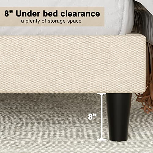 HOMBCK Full Size Bed Frame with Geometric Wingback Headboard, Modern Fabric Upholstered Platform Bed Frame Full with Strong Wood Slat Support, No Box Spring Needed, Easy Assembly, Beige