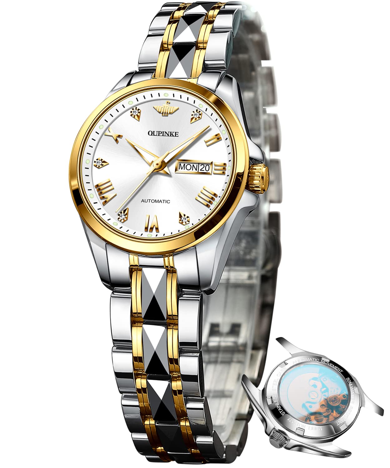OUPINKE Automatic Womens Watches Self Winding Mechanical Luxury Dress Diamond Dial Tungsten Steel Wrist Watches for Women Date Waterproof Luminous
