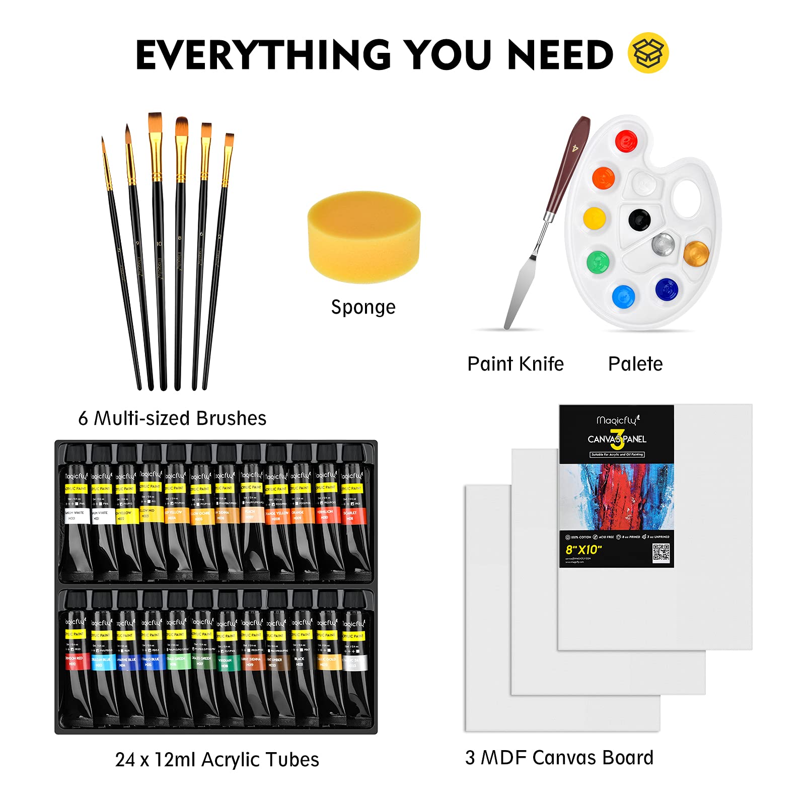 Magicfly 36 Pcs Acrylic Paint Set, 24 Colors(12 ml/0.4 oz) Rich Pigments Acrylic Paint Kit with 6 Paint Brushes, 3 Canvas Panels, 1 Paint Knives, 1 Palette & Sponge, Ideal Gifts for Beginners, Kids