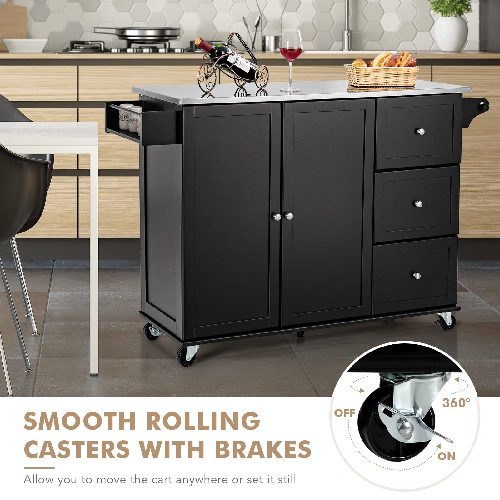 GORELAX Kitchen Island on Wheels with Stainless Steel Top, Rolling Kitchen Cart with Storage Drawers & Cabinet, Lockable Butcher Block Island w/Towel & Spice Rack for Dining Room (Black)