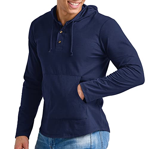 Hanes Men's Originals Lightweight Jersey Hoodie, Cotton Hooded Sweatshirt with Henley Collar, Athletic Navy, Large