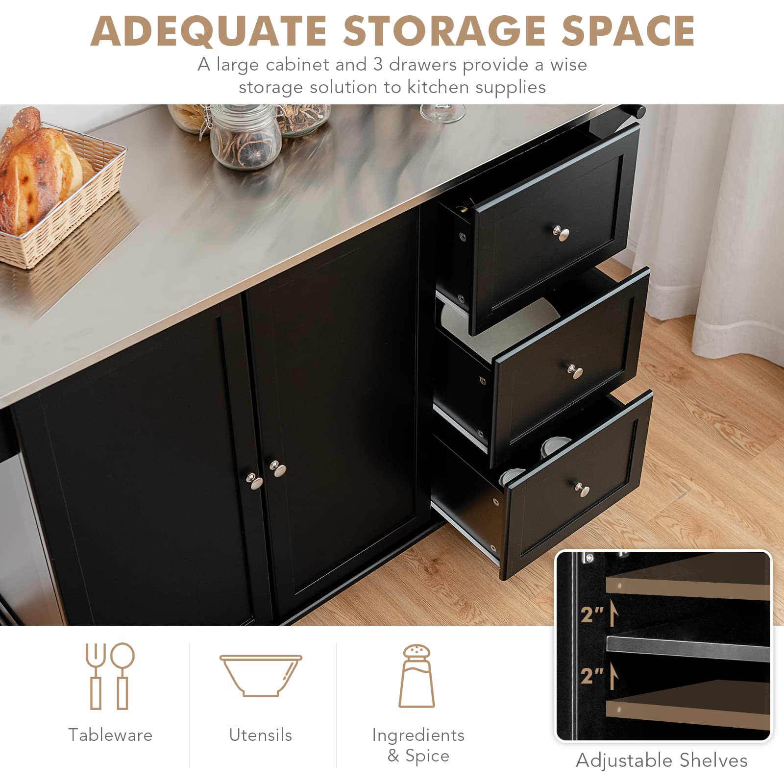 GORELAX Kitchen Island on Wheels with Stainless Steel Top, Rolling Kitchen Cart with Storage Drawers & Cabinet, Lockable Butcher Block Island w/Towel & Spice Rack for Dining Room (Black)