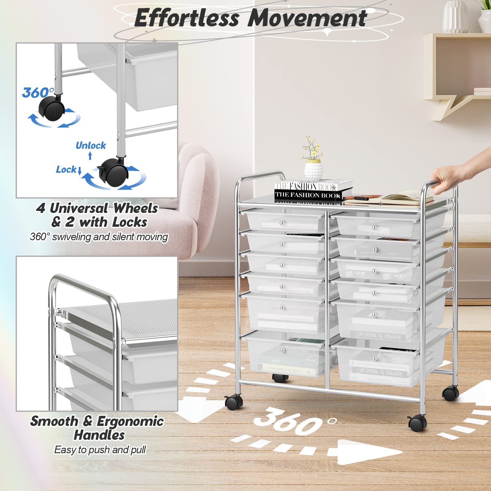 COSTWAY 12-Drawer Rolling Storage Cart, Moveable Art Craft Organizer W/Lockable Wheels, Metal Shelf, Files Arrangement Tools Makeup Storage Cart for Office, Home, School (Clear)
