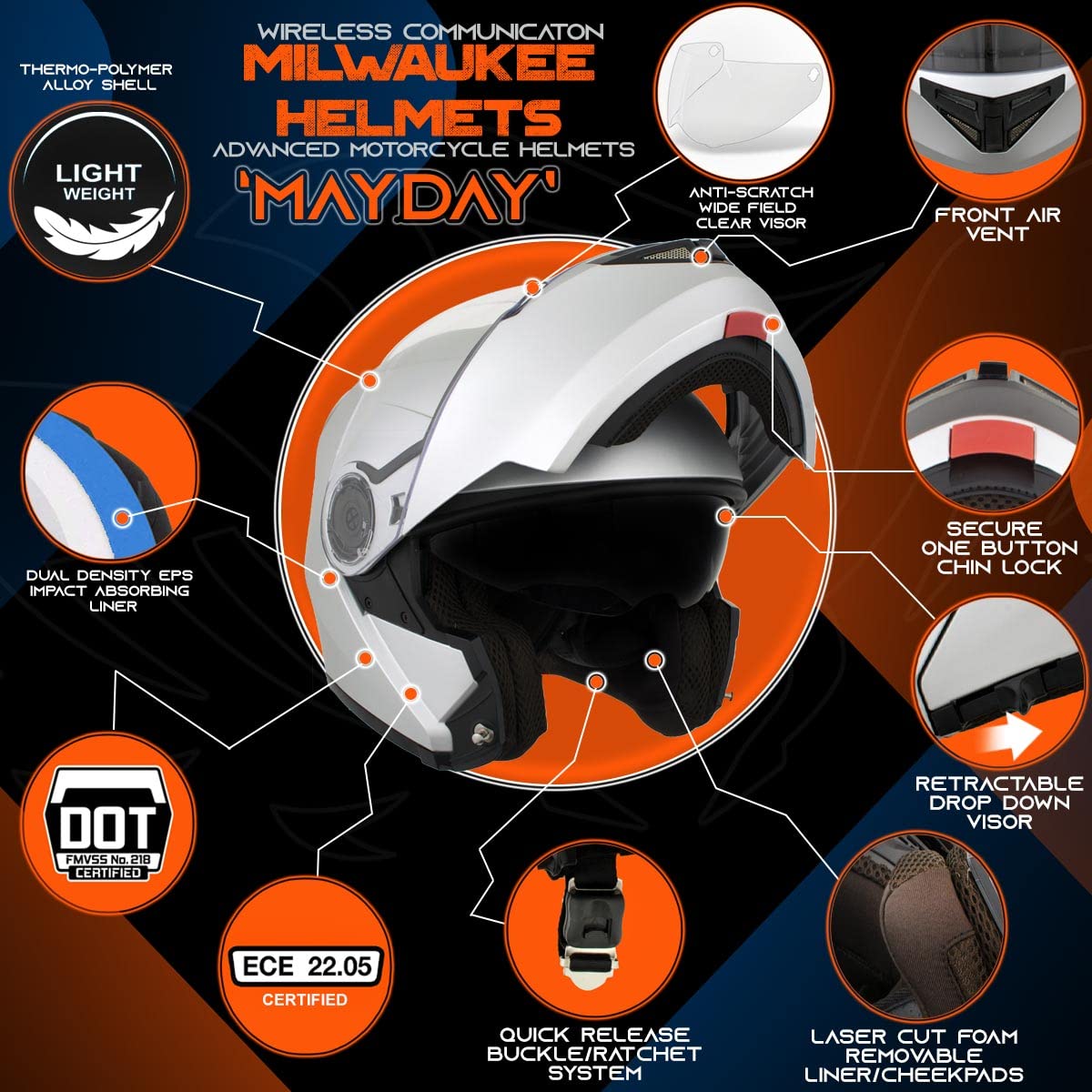 Milwaukee Helmets H7010 Flat Gray 'Mayday' Modular Motorcycle Helmet w/Intercom - Built-in Speaker and Microphone for Men/Women - Large