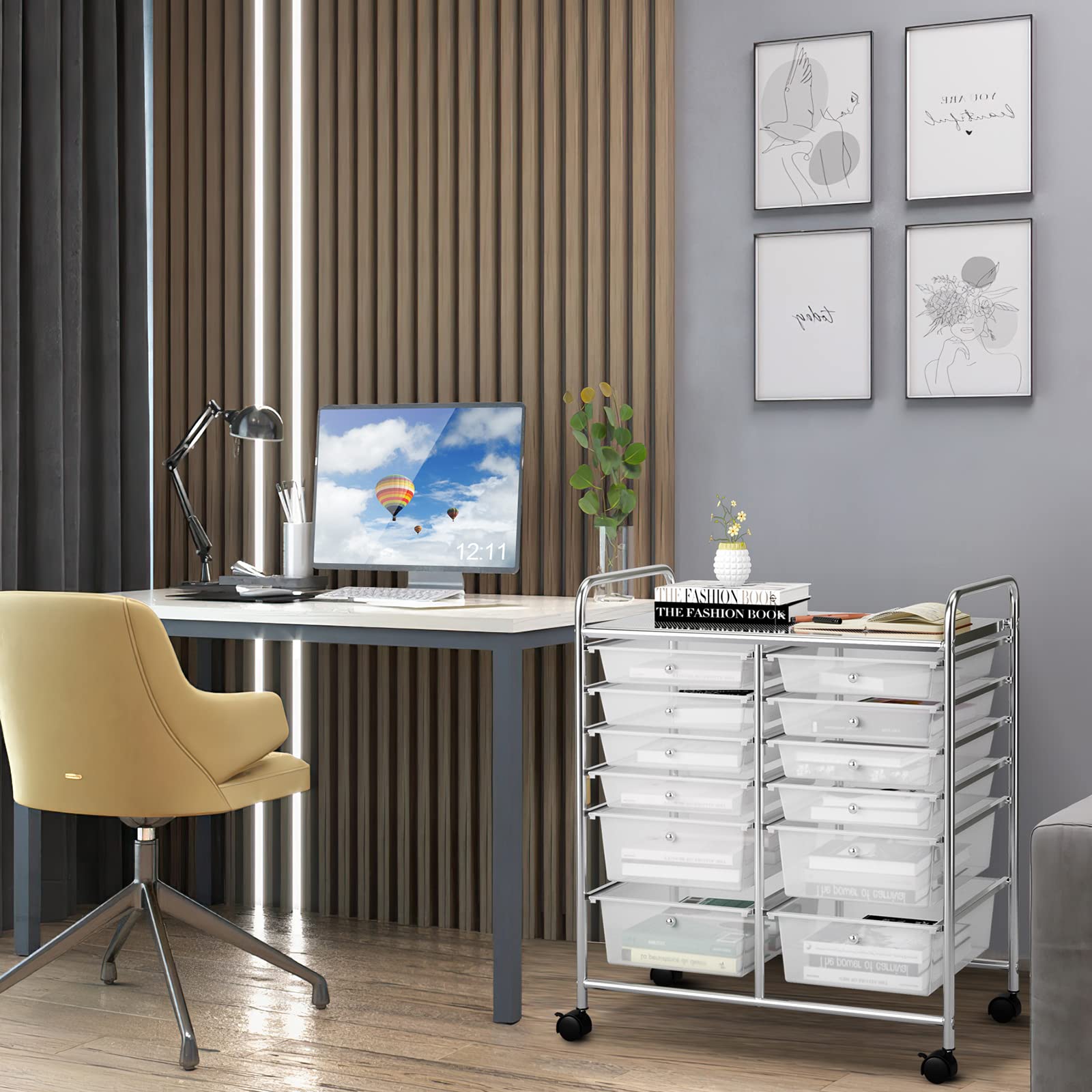 COSTWAY 12-Drawer Rolling Storage Cart, Moveable Art Craft Organizer W/Lockable Wheels, Metal Shelf, Files Arrangement Tools Makeup Storage Cart for Office, Home, School (Clear)