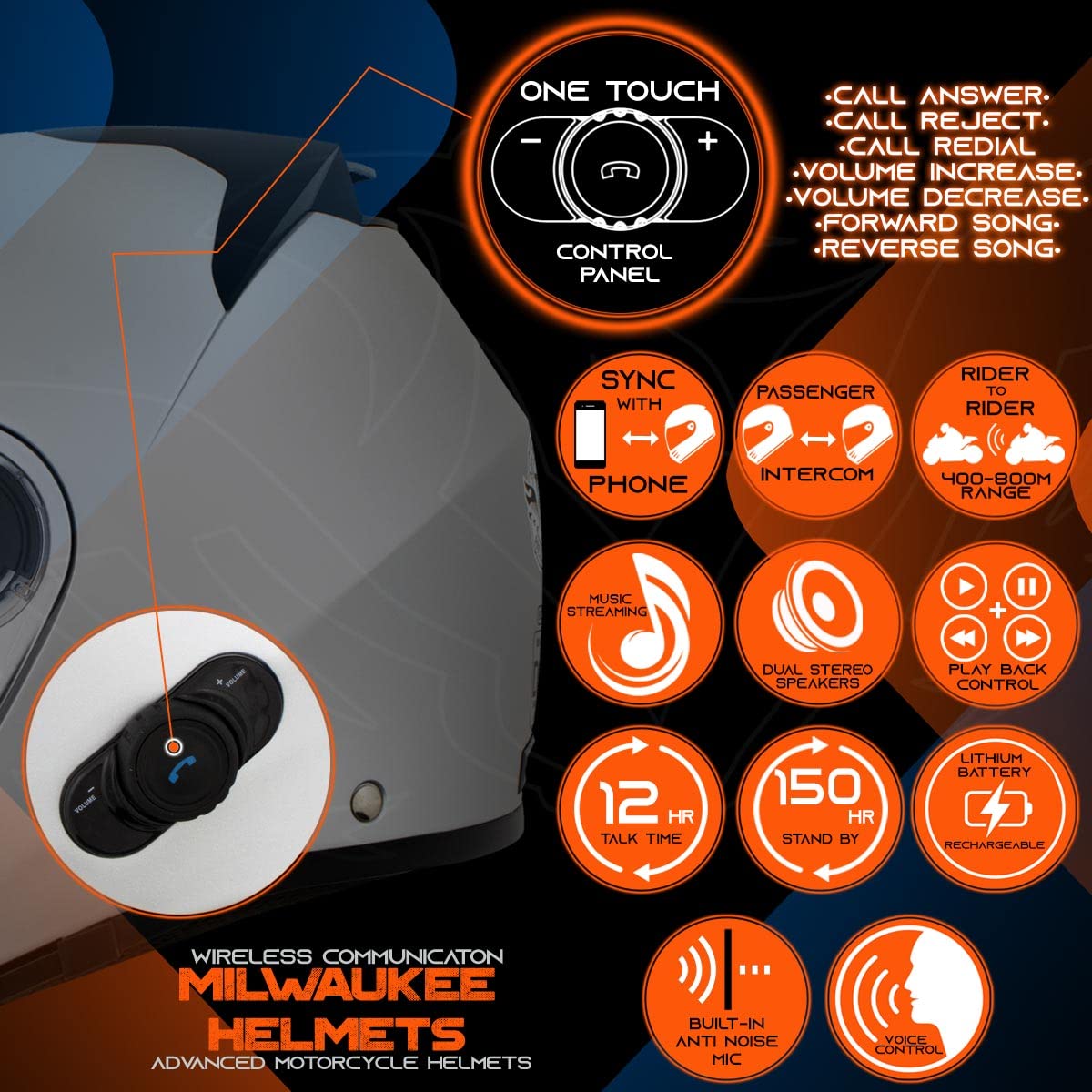 Milwaukee Helmets H7010 Flat Gray 'Mayday' Modular Motorcycle Helmet w/Intercom - Built-in Speaker and Microphone for Men/Women - Large