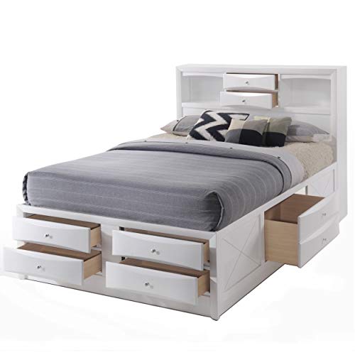 HABITRIO Queen Bed with Storage, Solid Wood Queen Size Bed Frame with Headboard (2 Bookcase, 2 Drawers), Footboard (4 Drawers), Rail with 2 Drawers, Wooden Slat, No Box Spring Needed, White