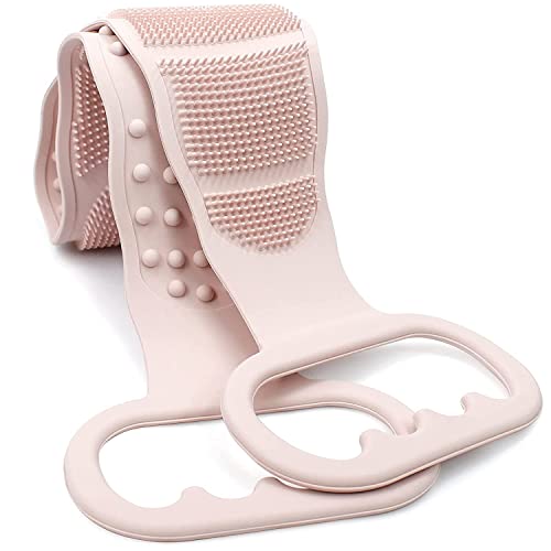 BAIMEI Shower Silicone Back Scrubber, Handle Body Washer, Exfoliating Texture Scrubbing Pad for Shower (Pink)