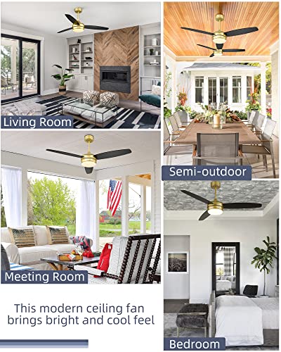 YOUKAIN Modern Ceiling Fan, 52 Inch Gold Ceiling Fan with Light and Remote Control, LED Ceiling Fan with 3 Matte Black Blades for Living Room, Bedroom, Bathroom, 52-YJ273-BK
