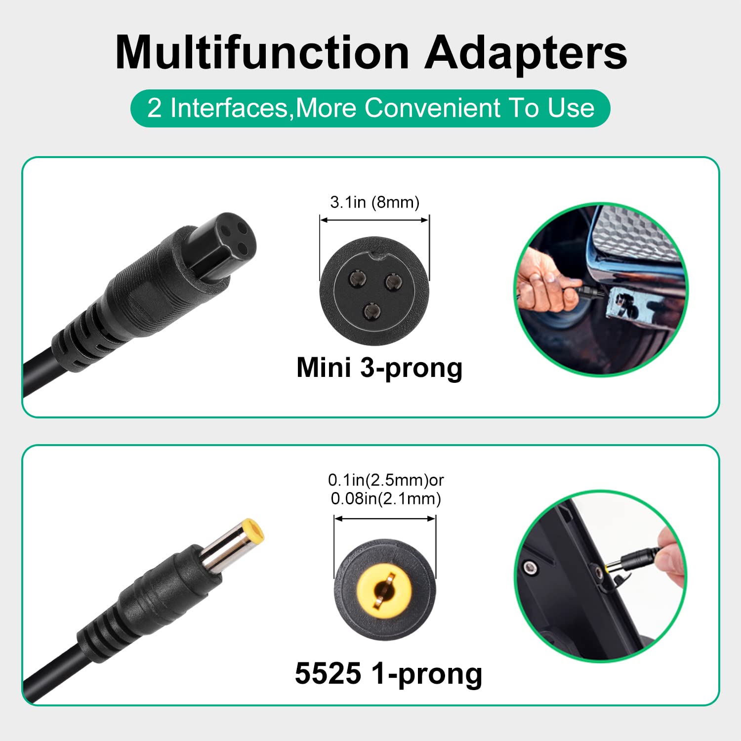 42V 2A Charger with 5.5mm Single Prong DC Plug and 8mm Triple Prong Connector, Two Plugs, Universal Replacement of 36V Lithium Battery