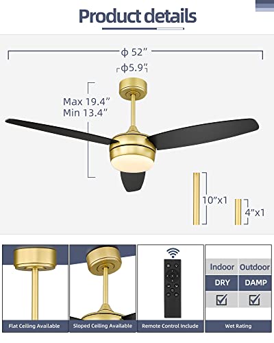 YOUKAIN Modern Ceiling Fan, 52 Inch Gold Ceiling Fan with Light and Remote Control, LED Ceiling Fan with 3 Matte Black Blades for Living Room, Bedroom, Bathroom, 52-YJ273-BK