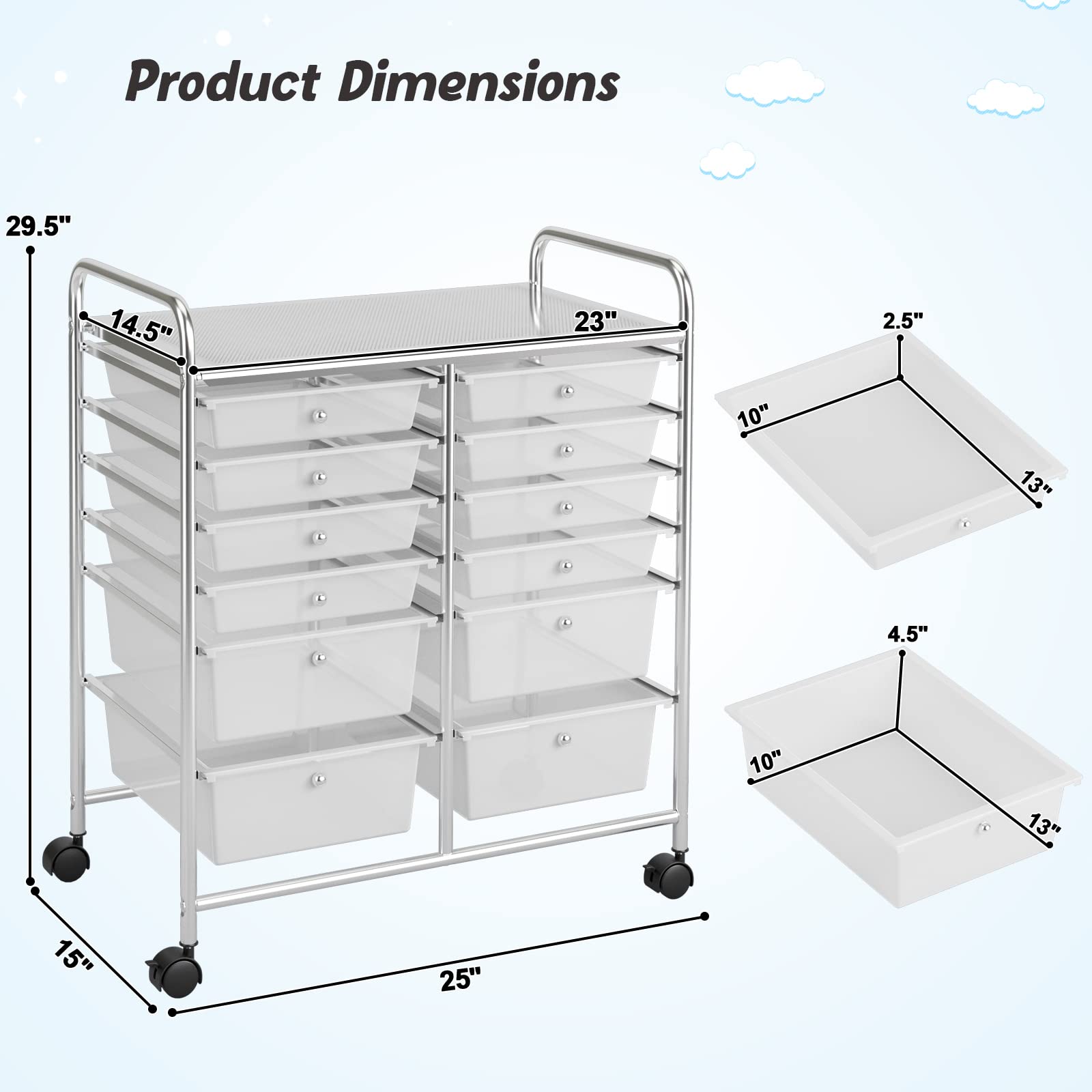 COSTWAY 12-Drawer Rolling Storage Cart, Moveable Art Craft Organizer W/Lockable Wheels, Metal Shelf, Files Arrangement Tools Makeup Storage Cart for Office, Home, School (Clear)