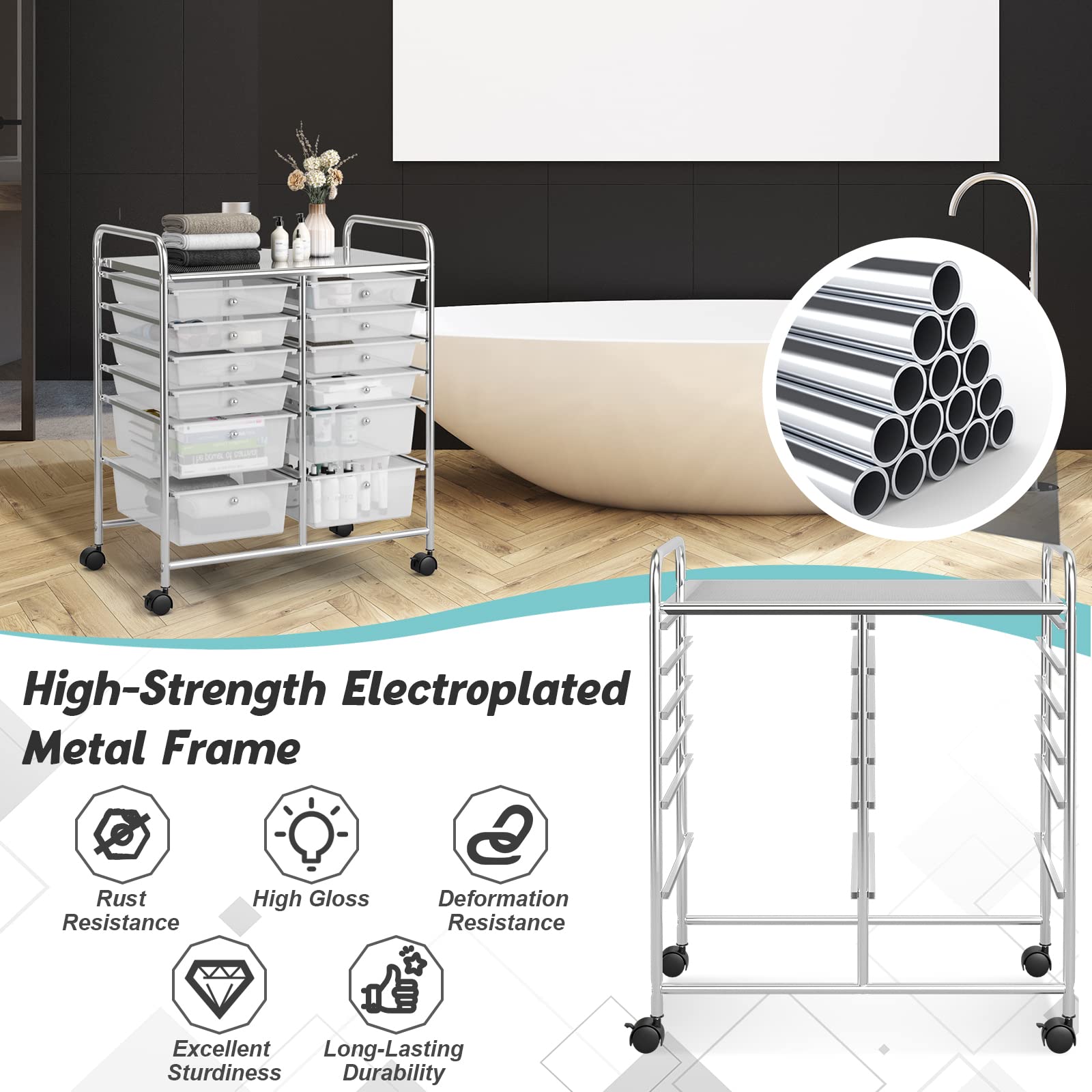 COSTWAY 12-Drawer Rolling Storage Cart, Moveable Art Craft Organizer W/Lockable Wheels, Metal Shelf, Files Arrangement Tools Makeup Storage Cart for Office, Home, School (Clear)
