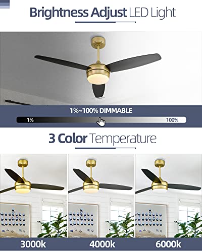 YOUKAIN Modern Ceiling Fan, 52 Inch Gold Ceiling Fan with Light and Remote Control, LED Ceiling Fan with 3 Matte Black Blades for Living Room, Bedroom, Bathroom, 52-YJ273-BK