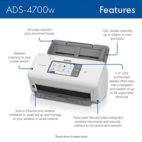 Brother ADS-4700W Professional Desktop Scanner with Fast Scan Speeds, Duplex, Wireless, and Large Touchscreen