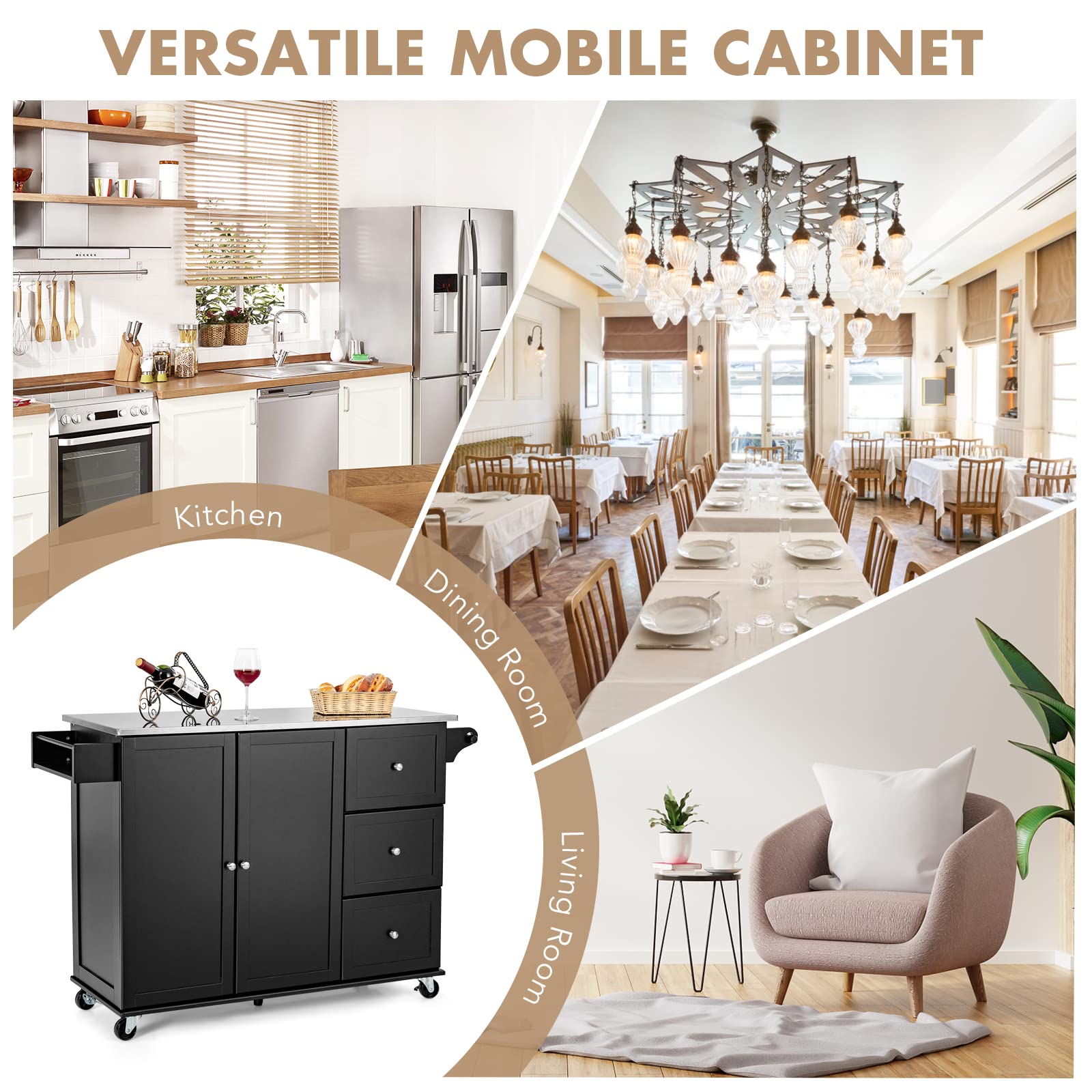 GORELAX Kitchen Island on Wheels with Stainless Steel Top, Rolling Kitchen Cart with Storage Drawers & Cabinet, Lockable Butcher Block Island w/Towel & Spice Rack for Dining Room (Black)