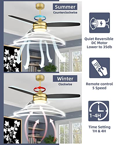 YOUKAIN Modern Ceiling Fan, 52 Inch Gold Ceiling Fan with Light and Remote Control, LED Ceiling Fan with 3 Matte Black Blades for Living Room, Bedroom, Bathroom, 52-YJ273-BK