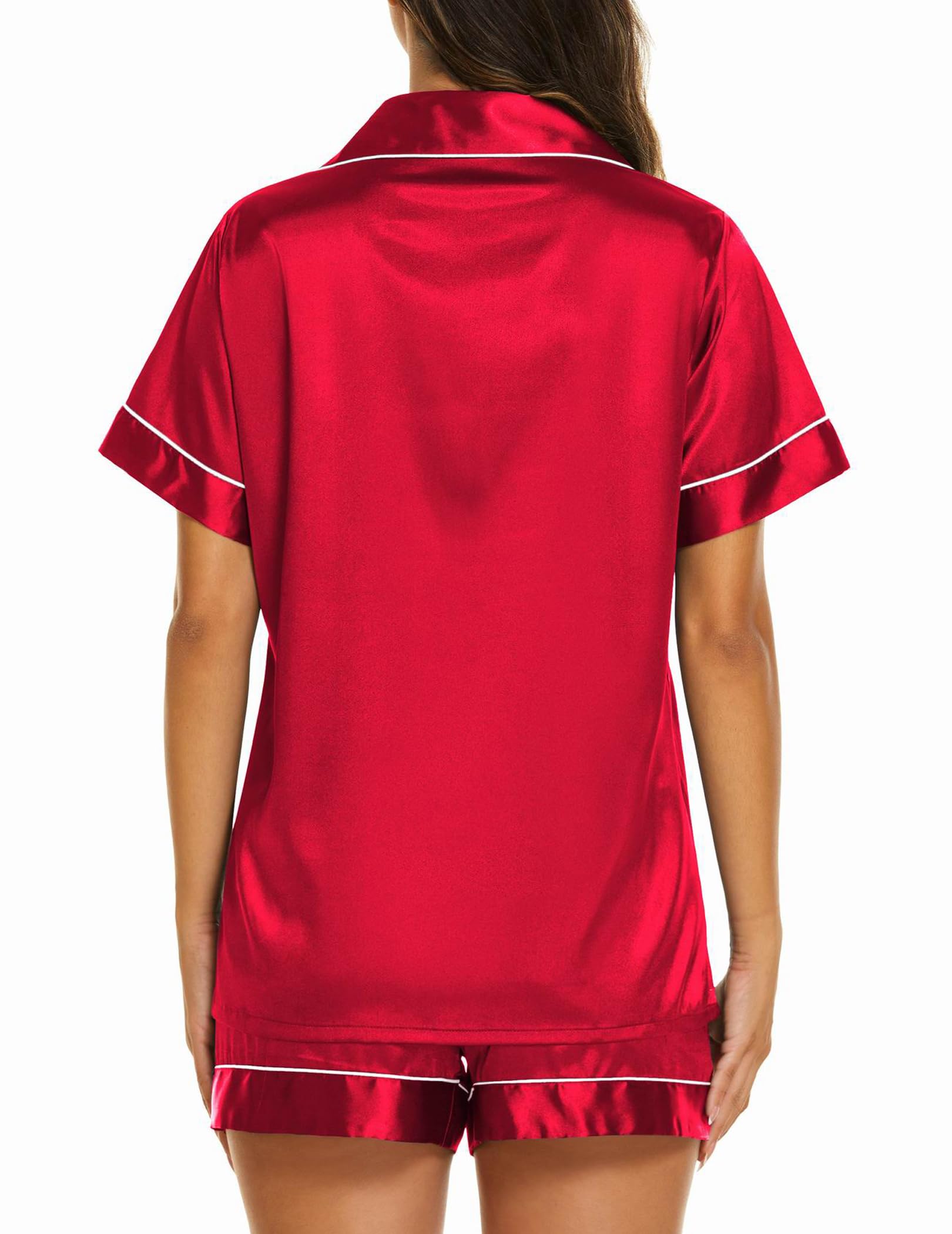 Ekouaer Pajama Sets for Women Silk Button Up Sleepwear Satin Short Sleeve Pjs Top and Shorts 2 Piece Lounge Set,Red,Small