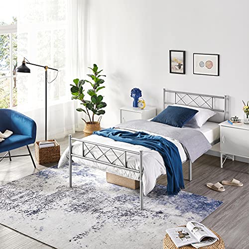 Topeakmart Wrought Iron Twin Bed Frame,Metal Silver Platform with Headboard and Footboard,Mattress Foundation,No Box Spring Needed,Strong Slat Support