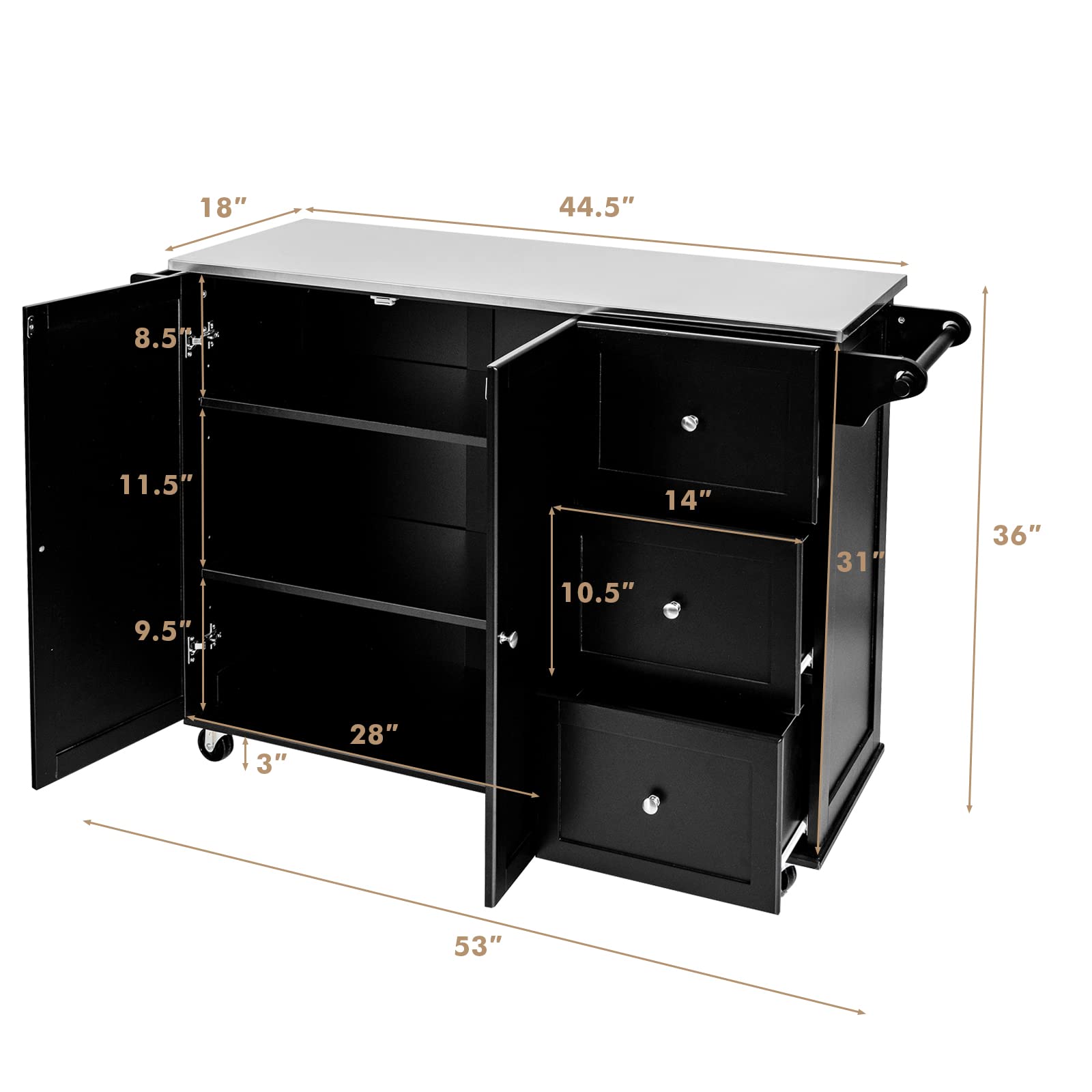 GORELAX Kitchen Island on Wheels with Stainless Steel Top, Rolling Kitchen Cart with Storage Drawers & Cabinet, Lockable Butcher Block Island w/Towel & Spice Rack for Dining Room (Black)