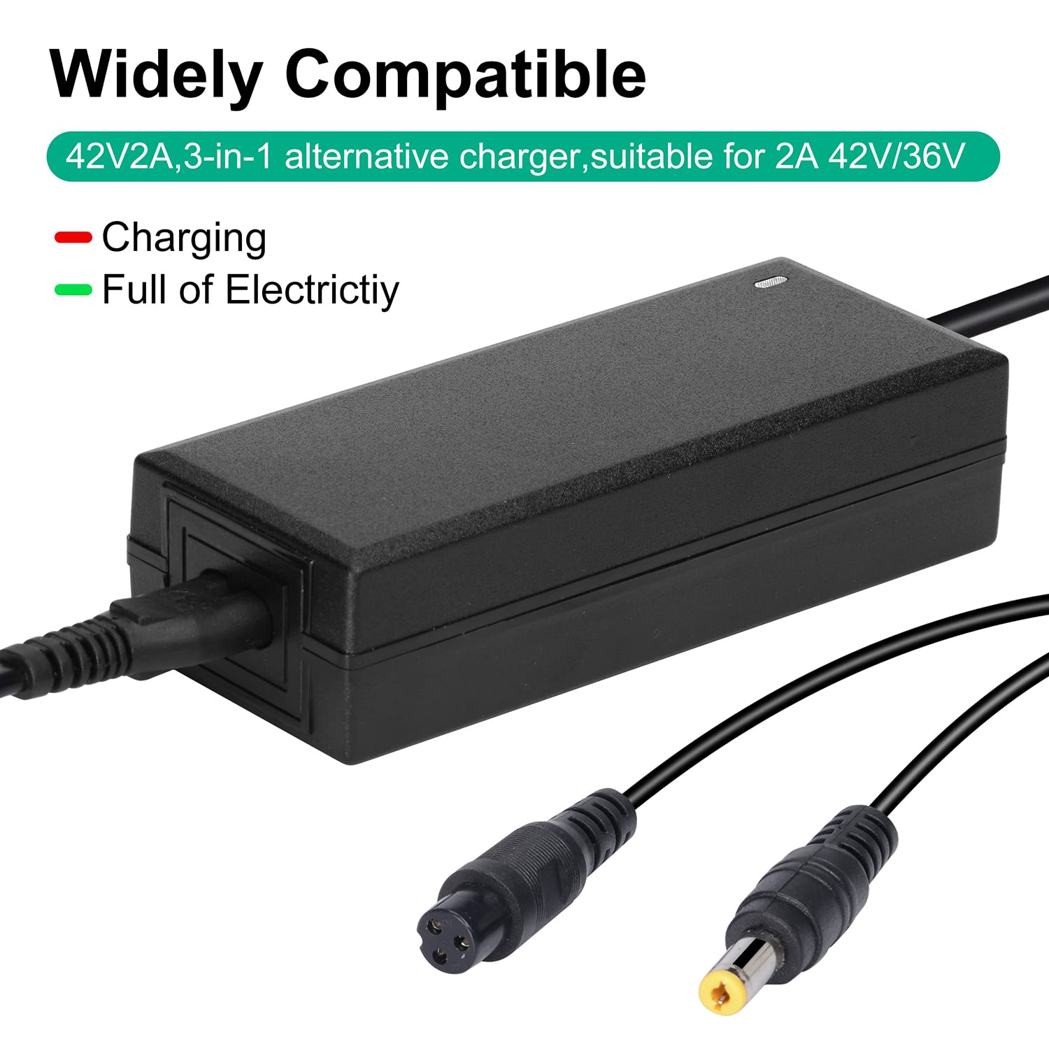 42V 2A Charger with 5.5mm Single Prong DC Plug and 8mm Triple Prong Connector, Two Plugs, Universal Replacement of 36V Lithium Battery