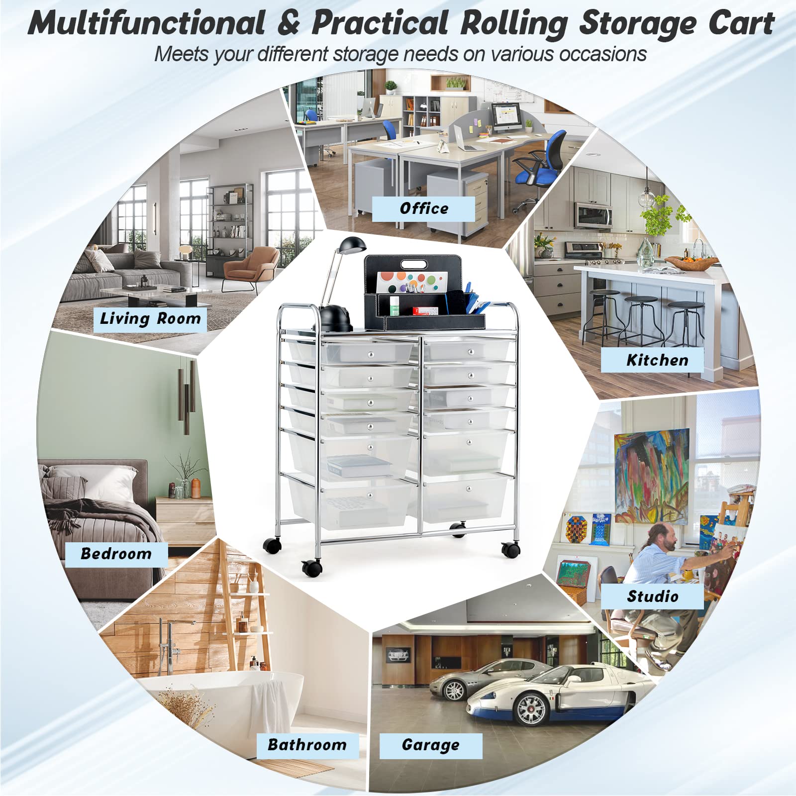 COSTWAY 12-Drawer Rolling Storage Cart, Moveable Art Craft Organizer W/Lockable Wheels, Metal Shelf, Files Arrangement Tools Makeup Storage Cart for Office, Home, School (Clear)