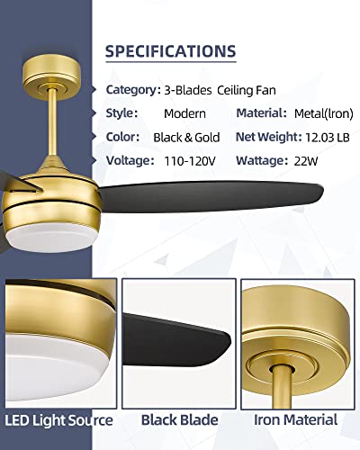 YOUKAIN Modern Ceiling Fan, 52 Inch Gold Ceiling Fan with Light and Remote Control, LED Ceiling Fan with 3 Matte Black Blades for Living Room, Bedroom, Bathroom, 52-YJ273-BK