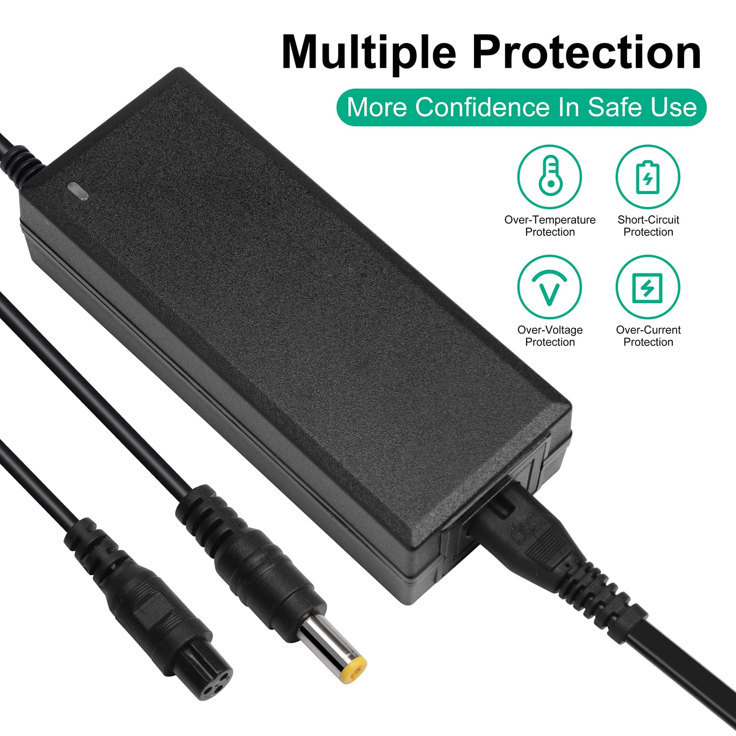 42V 2A Charger with 5.5mm Single Prong DC Plug and 8mm Triple Prong Connector, Two Plugs, Universal Replacement of 36V Lithium Battery