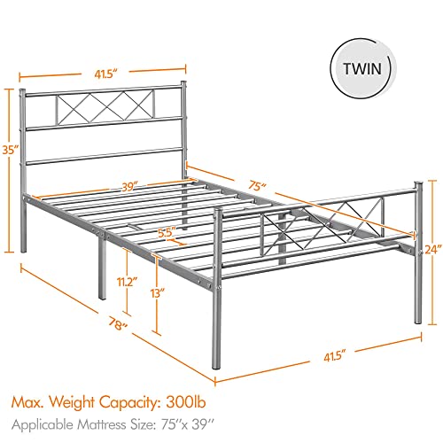Topeakmart Wrought Iron Twin Bed Frame,Metal Silver Platform with Headboard and Footboard,Mattress Foundation,No Box Spring Needed,Strong Slat Support