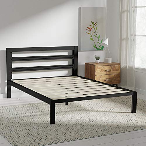 Amazon Basics Metal Bed with Modern Industrial Design Headboard - 14 Inch Height for Under-Bed Storage - Wood Slats - Easy Assemble, Queen, Black