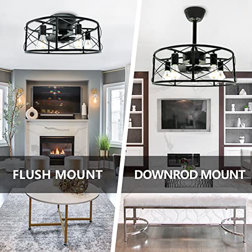 SUNEASY Ceiling Fans with Lights, Modern Caged Black Ceiling Fans with Lights and Remote,Flush Mount & Boom Mount Bladeless Ceiling Fan Light for Living Room Bedroom Kitchen
