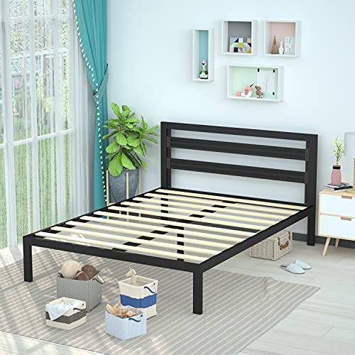 Amazon Basics Metal Bed with Modern Industrial Design Headboard - 14 Inch Height for Under-Bed Storage - Wood Slats - Easy Assemble, Queen, Black