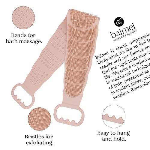 BAIMEI Shower Silicone Back Scrubber, Handle Body Washer, Exfoliating Texture Scrubbing Pad for Shower (Pink)