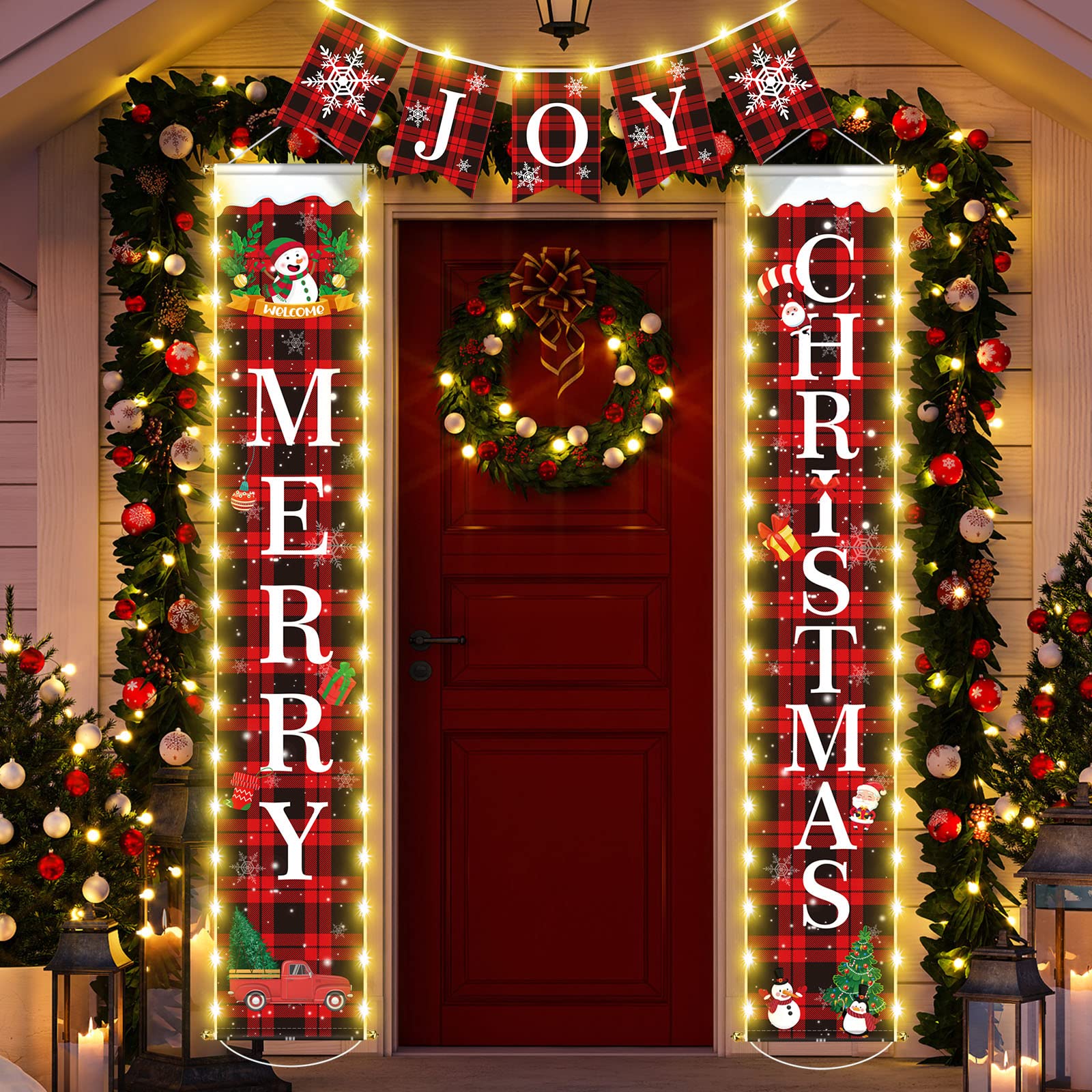 7 Pcs Merry Christmas Banner Lighted Front Porch Sign, Red Black Buffalo Plaid Porch Sign, Joy Merry Christmas Led Lights Door Banner, for Xmas Home Wall Door Yard Hanging Holiday Party Outdoor Decor