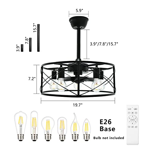 SUNEASY Ceiling Fans with Lights, Modern Caged Black Ceiling Fans with Lights and Remote,Flush Mount & Boom Mount Bladeless Ceiling Fan Light for Living Room Bedroom Kitchen
