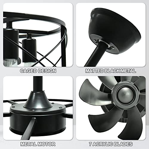 SUNEASY Ceiling Fans with Lights, Modern Caged Black Ceiling Fans with Lights and Remote,Flush Mount & Boom Mount Bladeless Ceiling Fan Light for Living Room Bedroom Kitchen