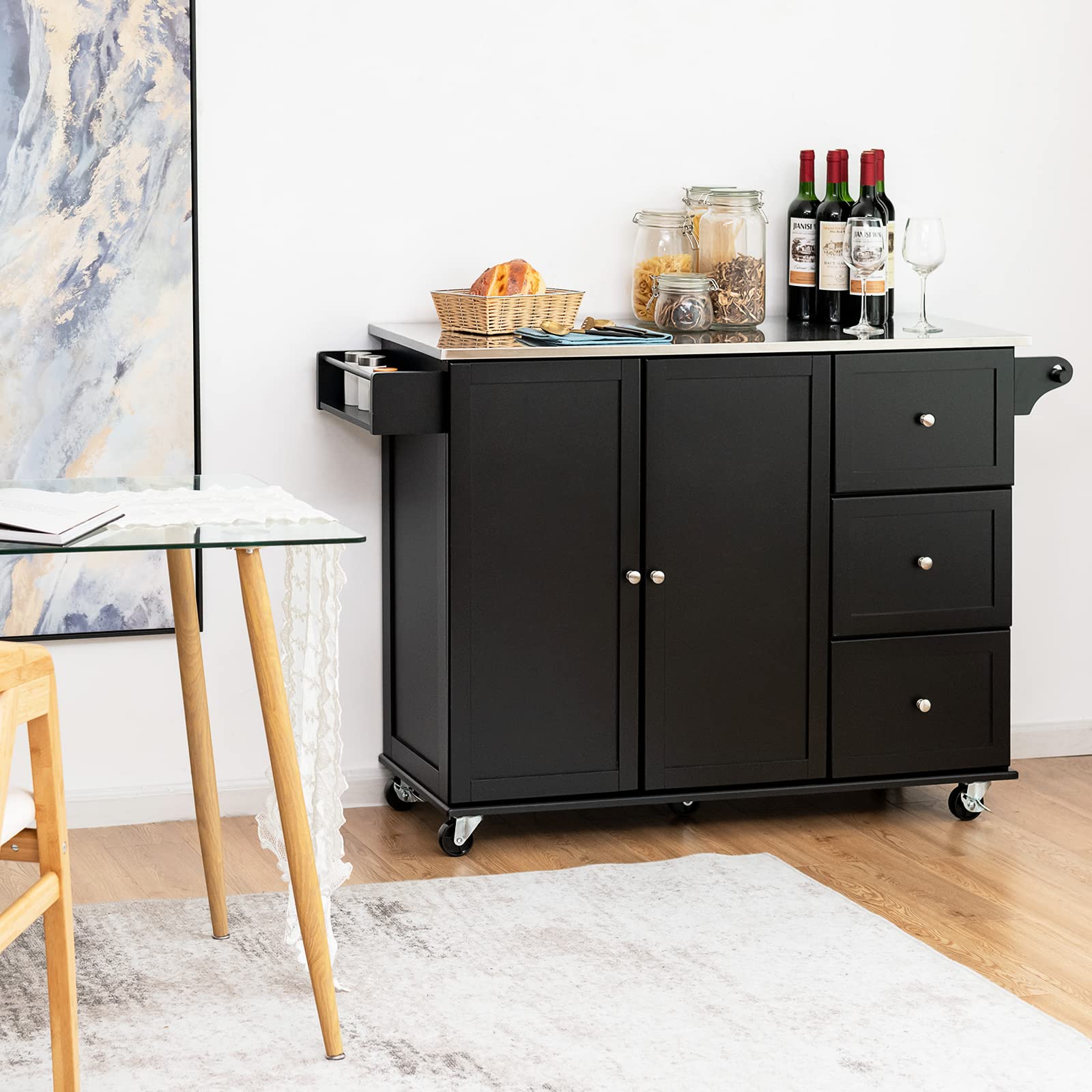 GORELAX Kitchen Island on Wheels with Stainless Steel Top, Rolling Kitchen Cart with Storage Drawers & Cabinet, Lockable Butcher Block Island w/Towel & Spice Rack for Dining Room (Black)
