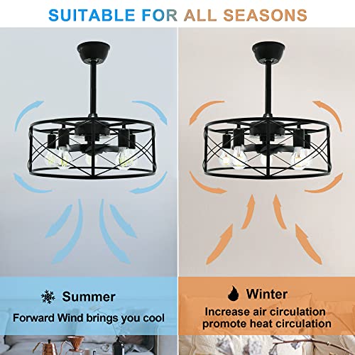 SUNEASY Ceiling Fans with Lights, Modern Caged Black Ceiling Fans with Lights and Remote,Flush Mount & Boom Mount Bladeless Ceiling Fan Light for Living Room Bedroom Kitchen