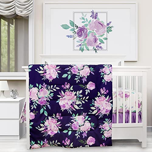 TANOFAR 5 Piece Crib Bedding Set for Girls, Baby Nursery Crib Bedding Set, Purple Flower Minky Blanket, Crib Skirt, Quilt, Crib Sheet and Diaper Stacke,Crib Bedding Set for Girls