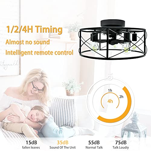 SUNEASY Ceiling Fans with Lights, Modern Caged Black Ceiling Fans with Lights and Remote,Flush Mount & Boom Mount Bladeless Ceiling Fan Light for Living Room Bedroom Kitchen