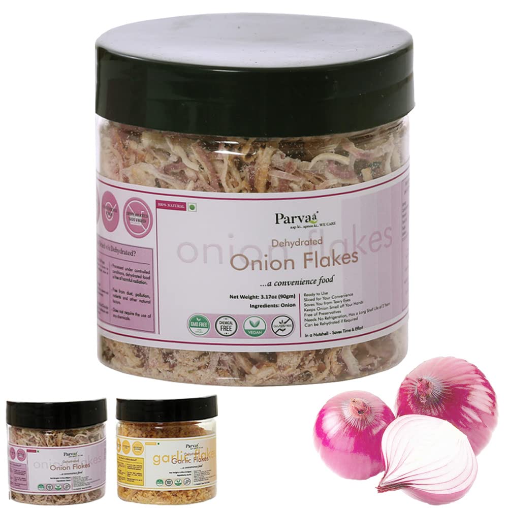 Parvaa Dehydrated Onion Flakes | Perfectly Chopped, Preservative-Free, and 100% Organic for Optimal Health | Granulated Onion | Versatile and Delicious Cooking Ingredient 3.17oz â (90g)