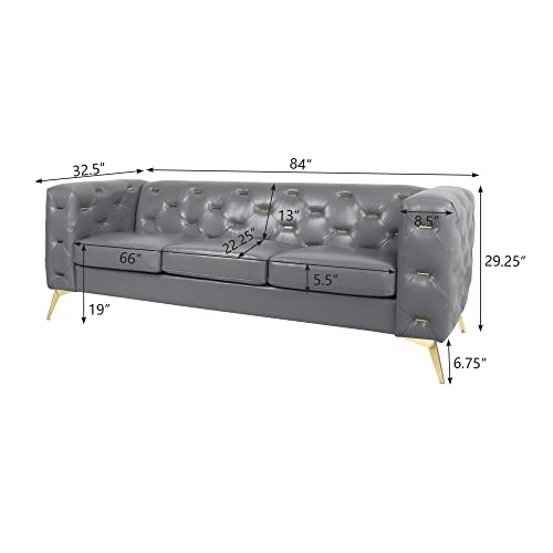 QHITTY Chesterfield Sofa, 84'' Modern 3 Seater Accent Leather Couch with Square Arms and Metal Tufted Button, Metal Legs for Living Room, Office, Bedroom (Grey)…